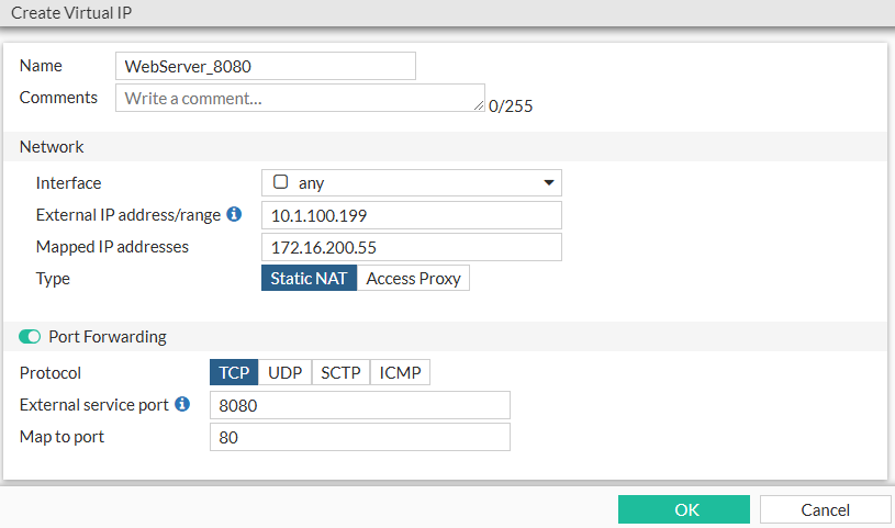 Virtual IPs with port forwarding | FortiProxy 7.6.1 | Fortinet Document Library